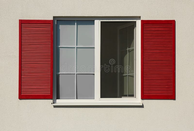Wall of Light Building with Window and Red Shutters Stock Image - Image ...