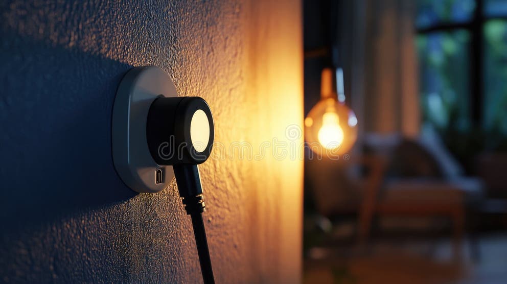 A Wall with a Light on and a Cord Plugged in, Simple Illumination Stock ...