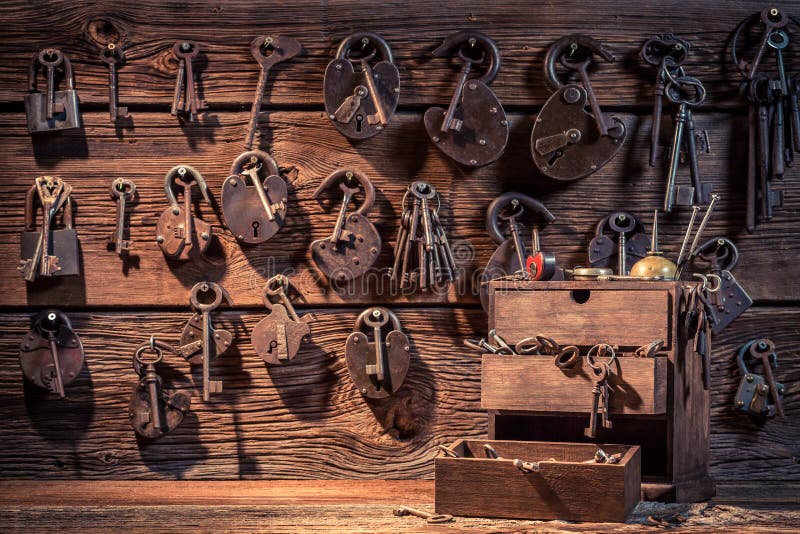 Wall of Locks and Keys in Locksmiths Workshop Stock Image - Image of ...