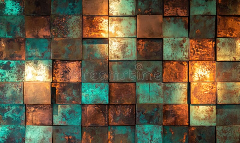 A Wall Made of Metal Tiles with a Green and Brown Color Scheme Stock ...