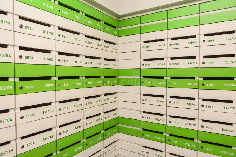 Wall of Mail Boxes stock photo. Image of apertment, green - 63347456