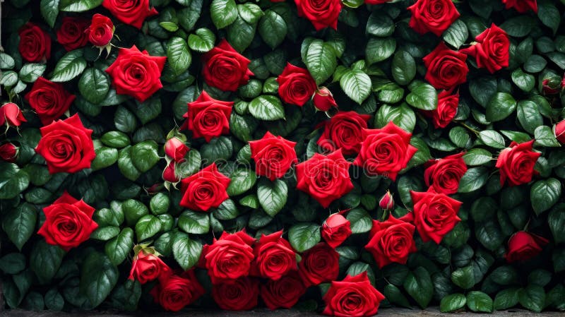 Wall of Many Red Roses with Green Leaves. Generative AI Stock Image ...