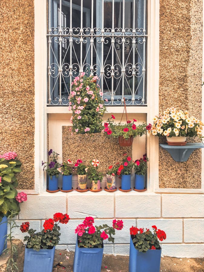 Wall of Mediterranean Style House , Colorful Flowers, Window Stock ...
