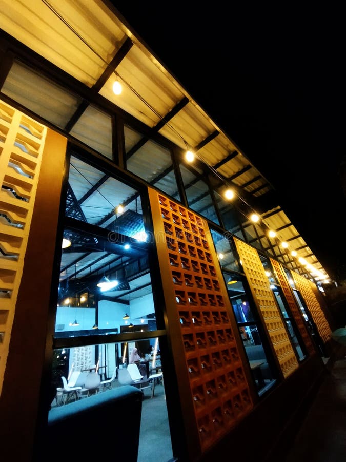 Wall and Mirror in the Night with Lamp and Dark in the Cafe Editorial ...