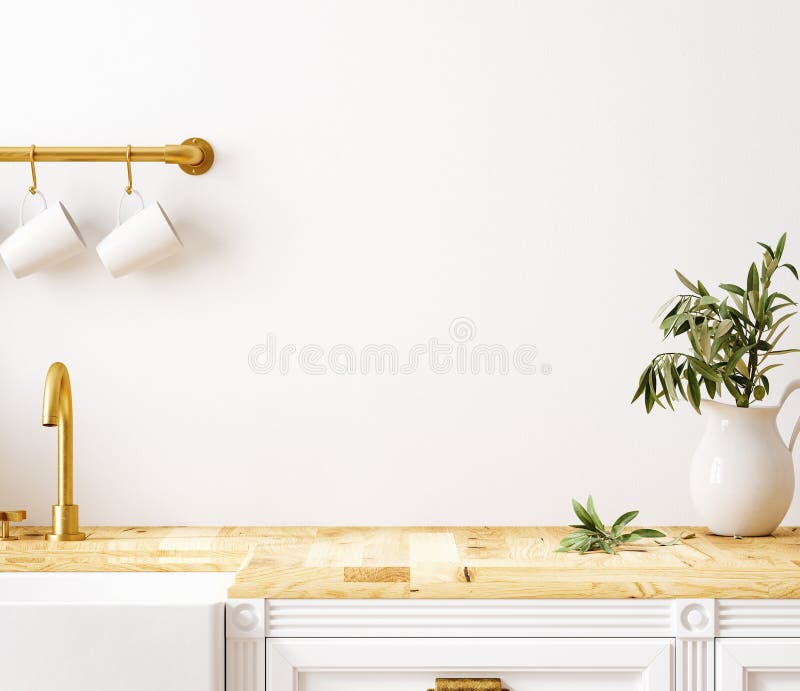 Wall Mockup in Kitchen Interior Background, Farmhouse Style Stock ...