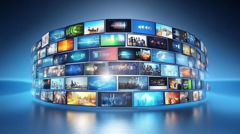 Wall of Modern Television Screens, Displaying Diverse Content, on Blue ...