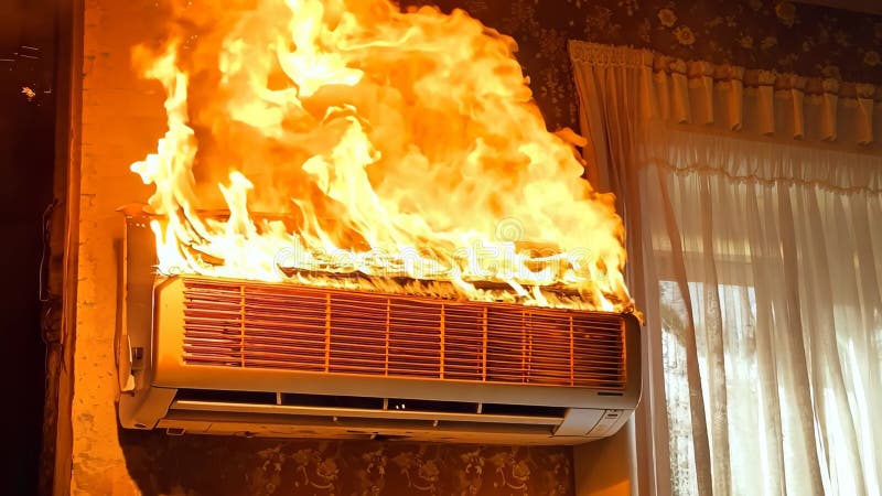 A Burning Air Conditioner on Fire in a Tiled Room Stock Video - Video ...