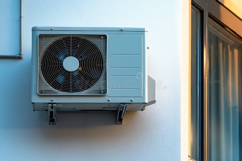 A Blue Air Conditioner Mounted on the Side of a Building Stock Photo ...