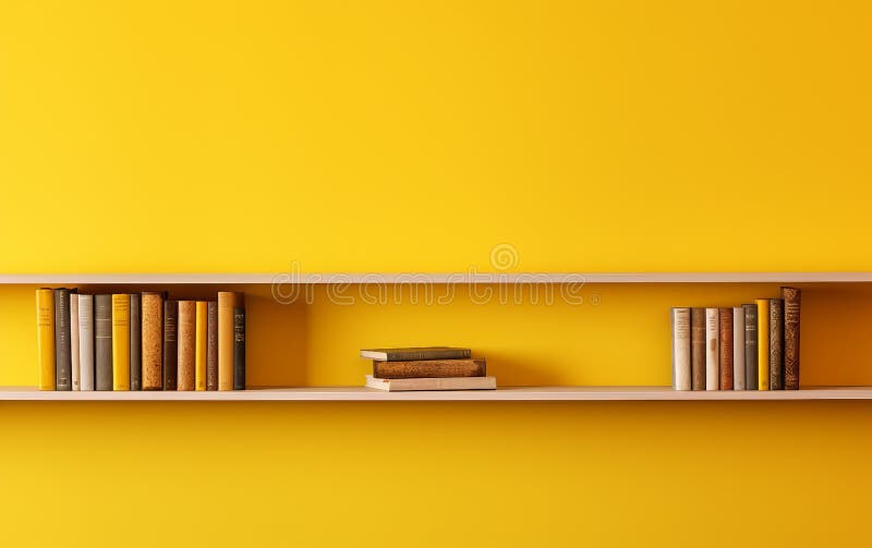 Wall-Mounted Book Display with a Yellow Backdrop -Generative Ai Stock ...
