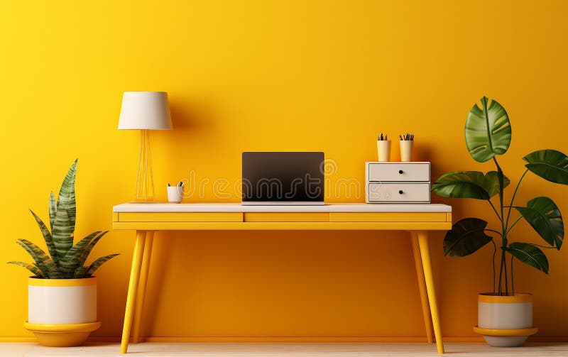 Wall-Mounted Computer Desk with a Yellow Backdrop -Generative Ai Stock ...