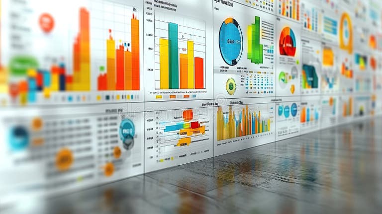 Wall-mounted Data Visualizations with Various Charts and Graphs Stock ...