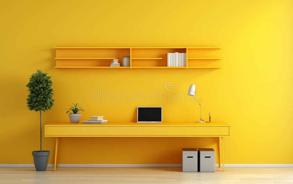 Wall-mounted Desk on the Wall Yellow Background -Generative Ai Stock ...