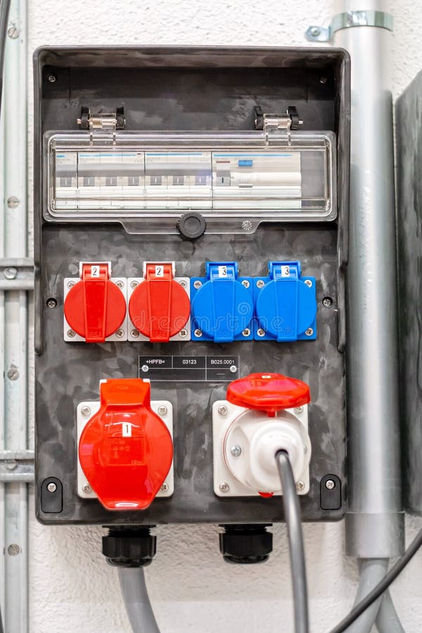 Wall Mounted Electrical Panel with Colored Outlets Sockets and Cables ...