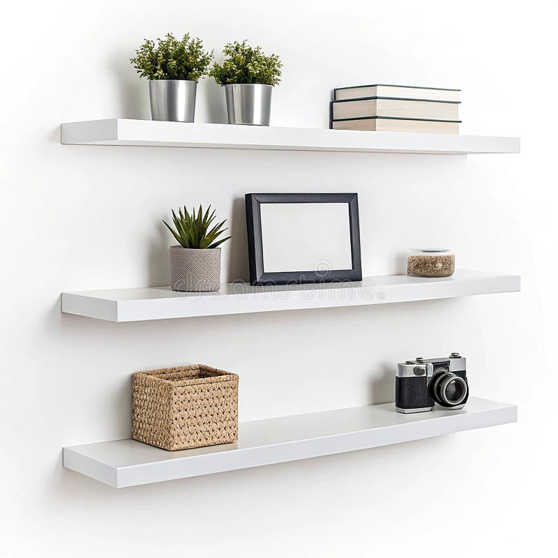 Wall-mounted Floating Shelves Set on White Background Stock ...