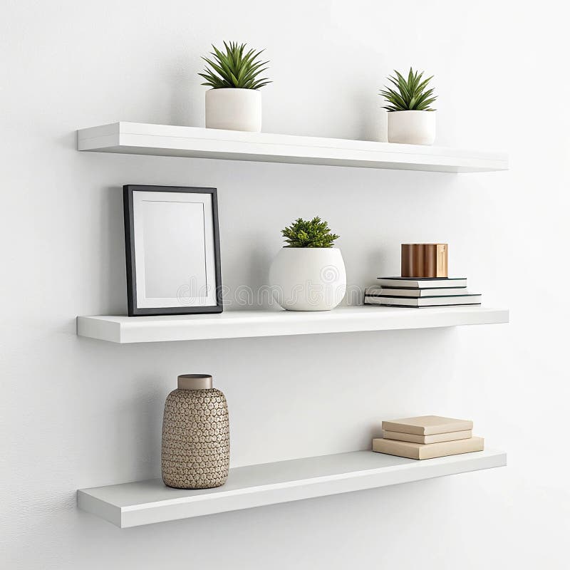 Wall-mounted Floating Shelves Set on White Background Stock ...