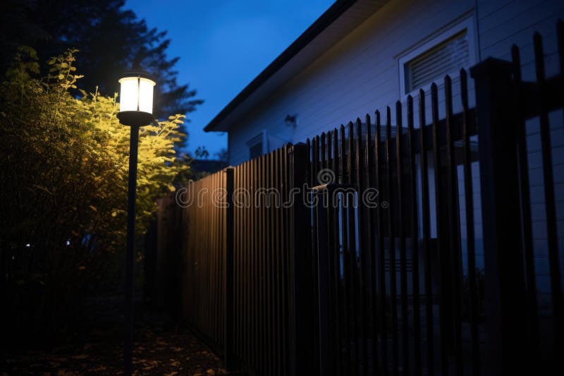 Wall-mounted Motion Sensor Light Near a Backyard Gate Stock ...