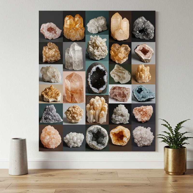 A Wall-mounted Poster Features a Grid of Various Mineral Specimens ...