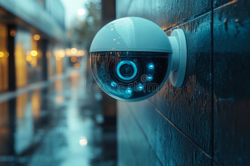 Wall Mounted Security Camera on Rainy Street Stock Illustration ...