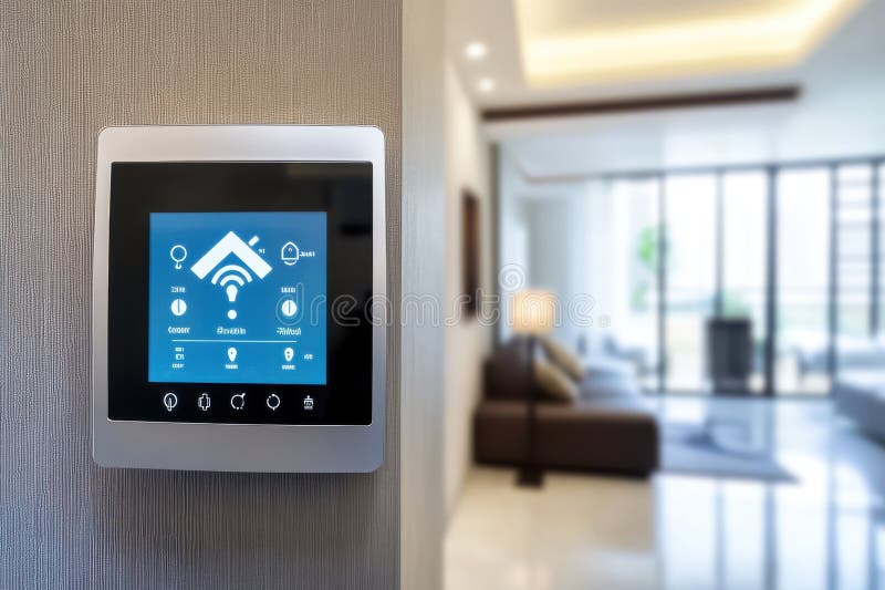 Wall-mounted Smart Home Control Panel with a Blue Digital Interface in ...