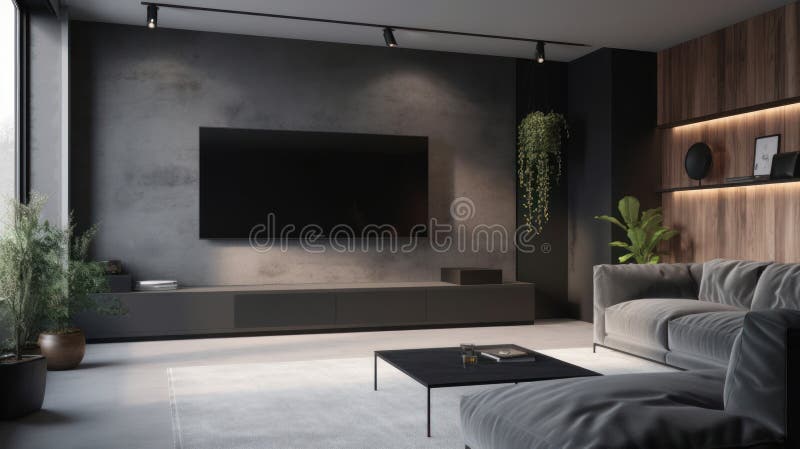 Wall-mounted Television in a Minimalist Media Room. AI Generated Stock ...
