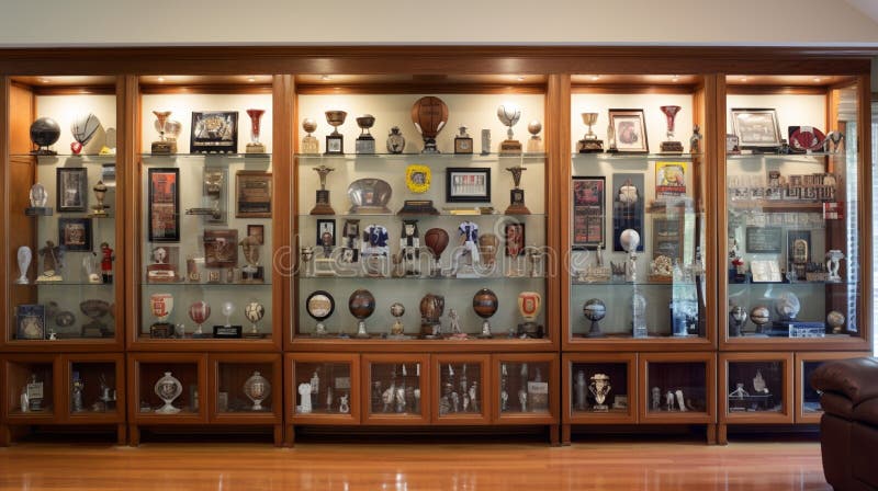 A Wall-mounted Trophy Case Featuring Numerous Accolades, Statuettes ...