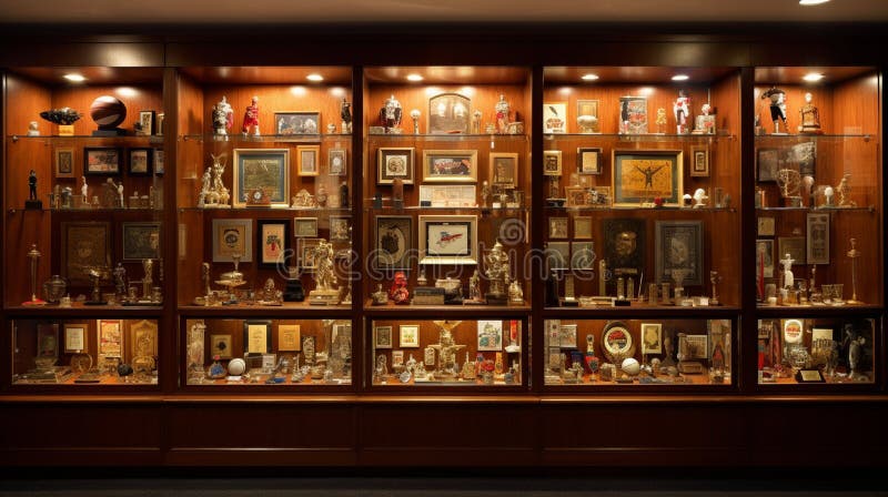 A Wall-mounted Trophy Case Featuring Numerous Accolades, Statuettes ...