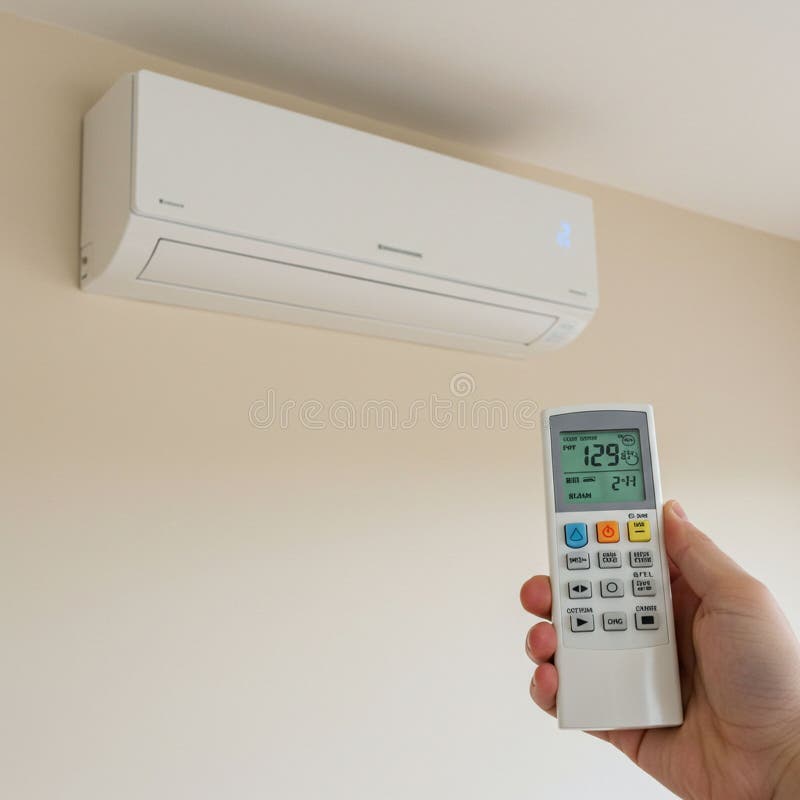 A Wall-mounted White Air Conditioning Unit is Controlled by a Handheld ...