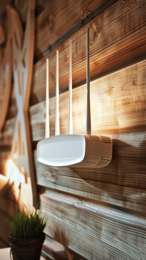 Wall-mounted Wifi Router with Multiple Antennas on Wooden Wall Stock ...