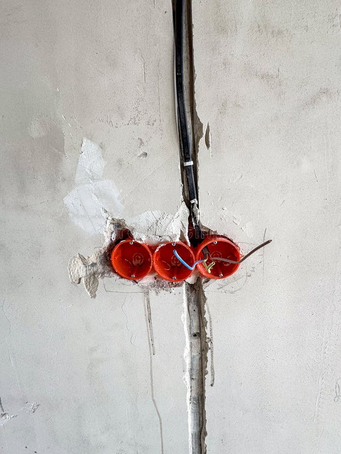 Wall-mounted Wire Setup for Future Outlets in a Concrete Wall. Concept ...