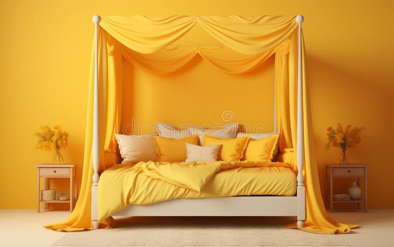 Wall-Mounted Yellow Canopy Bed -Generative Ai Stock Illustration ...