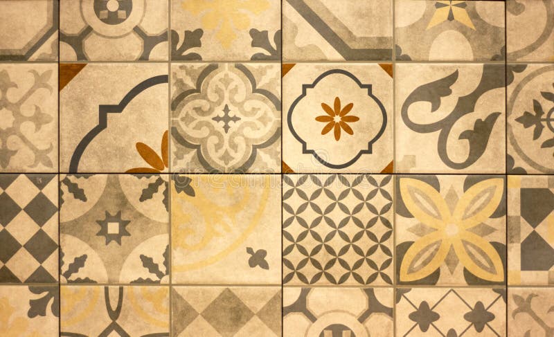 Wall of Multicolored Tiles with Ethnic Patterns Pottery Retro Stock ...