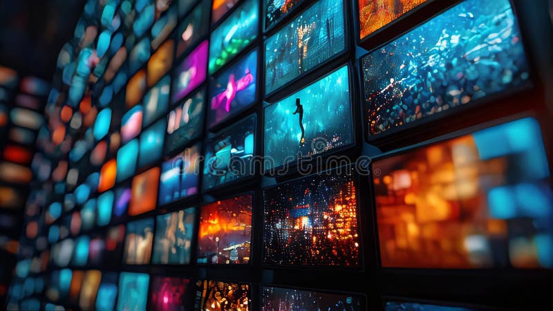 Multiple Television Screens Displaying Various TV Channels, Embodying ...