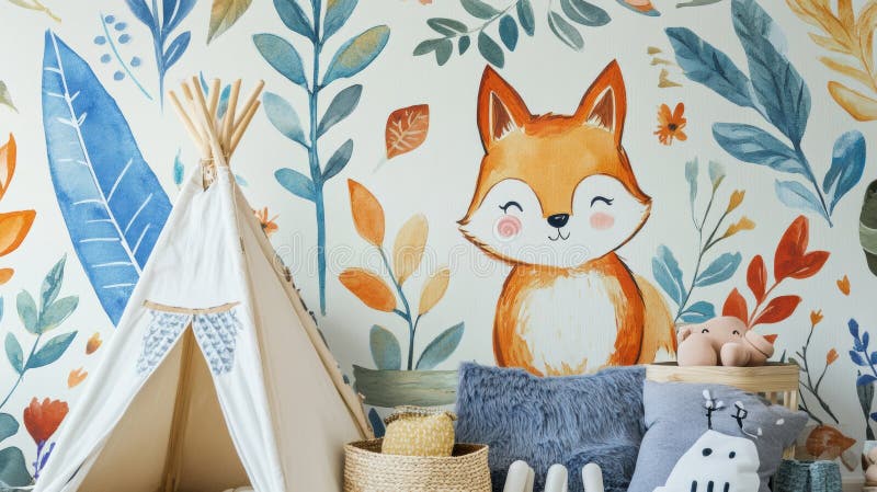 A Wall Mural with a Fox and Other Animals on it, AI Stock Image - Image ...