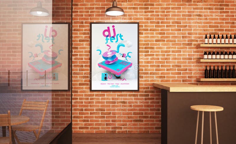 Wall Music Poster on Bar Mockup 3d Rendering Stock Illustration ...