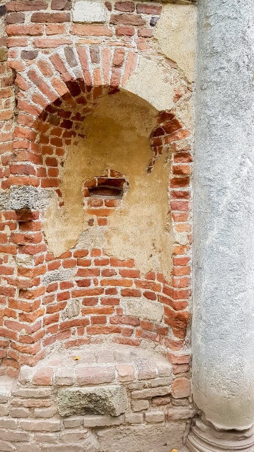 Wall of the Old Red Brick Building with Arch and Column Stock Image ...