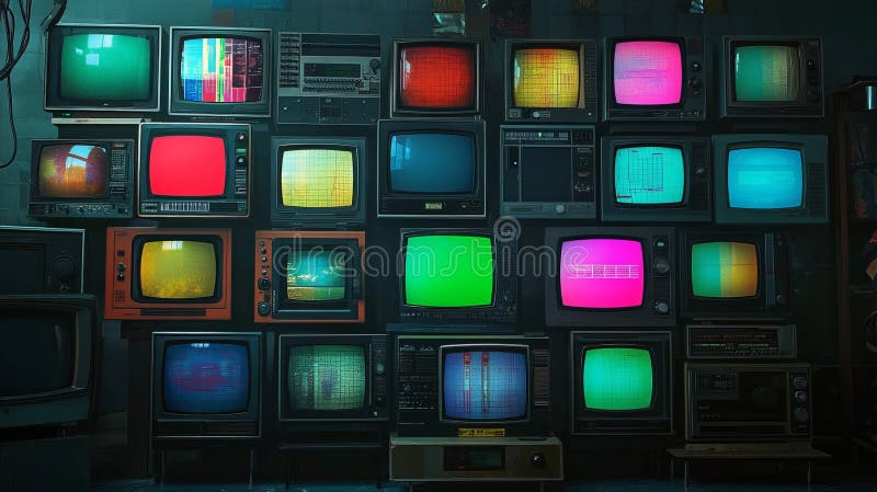 Wall of Old Retro 1970s Televisions with Different Colors on Screen and ...