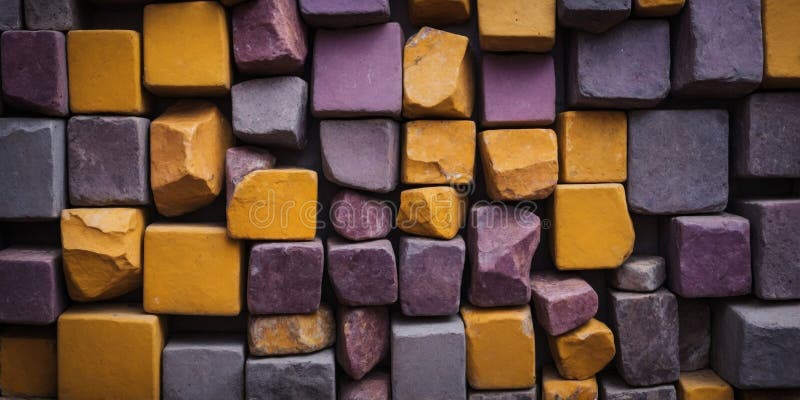 Wall with Old Square Shaped Purple and Yellow Stone Cubes. Stock Photo ...