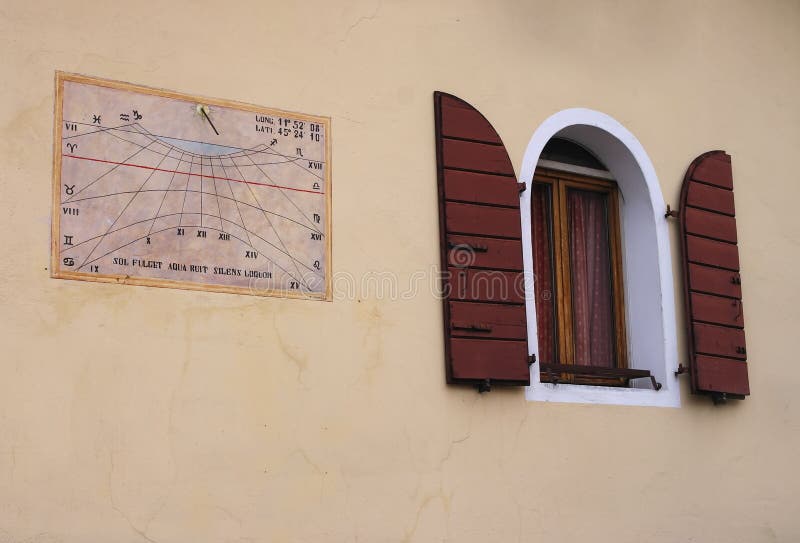 Wall with Old Sundial and Medieval Window Stock Photo - Image of europe ...