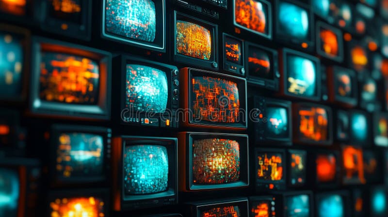 A Wall of Old Tvs with Many Different Colored Screens Stock Photo ...