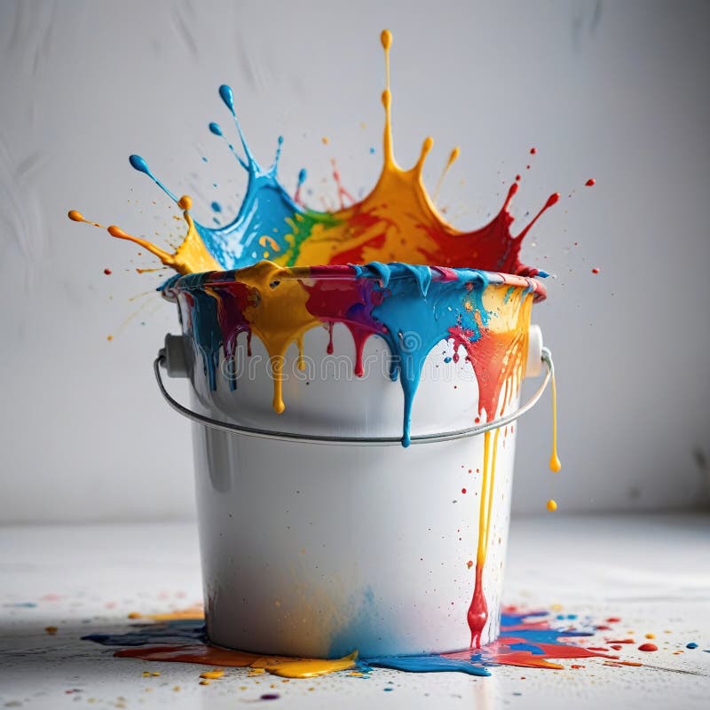 Wall Paint Bucket with Multicolor Paint Splash in Motion Stock ...