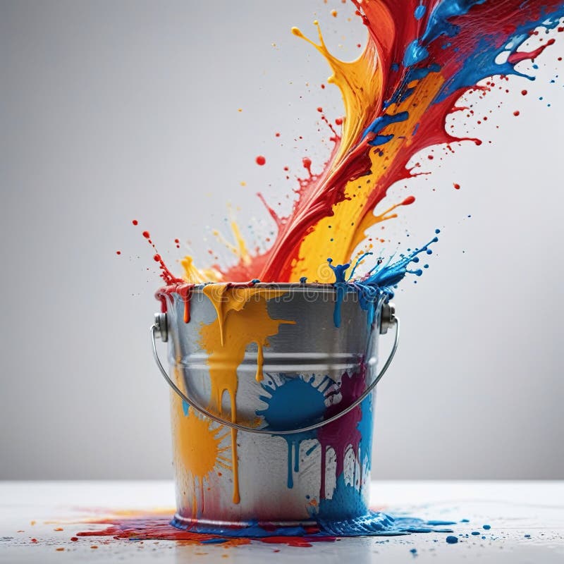 Wall Paint Bucket with Multicolor Paint Splash in Motion Stock ...