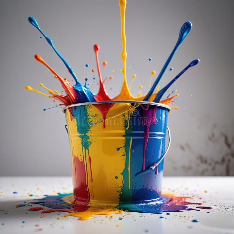 Wall Paint Bucket with Multicolor Paint Splash in Motion Stock ...