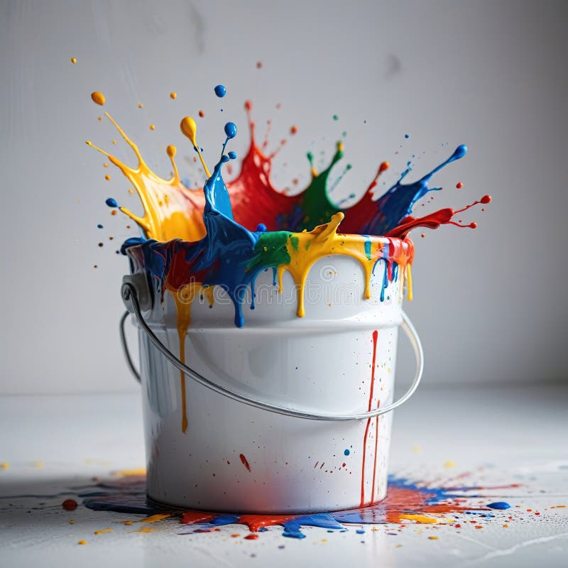 Wall Paint Bucket with Multicolor Paint Splash in Motion Stock ...