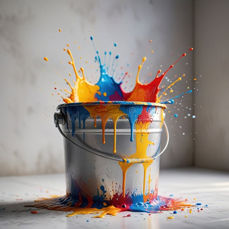 Wall Paint Bucket with Multicolor Paint Splash in Motion Stock ...