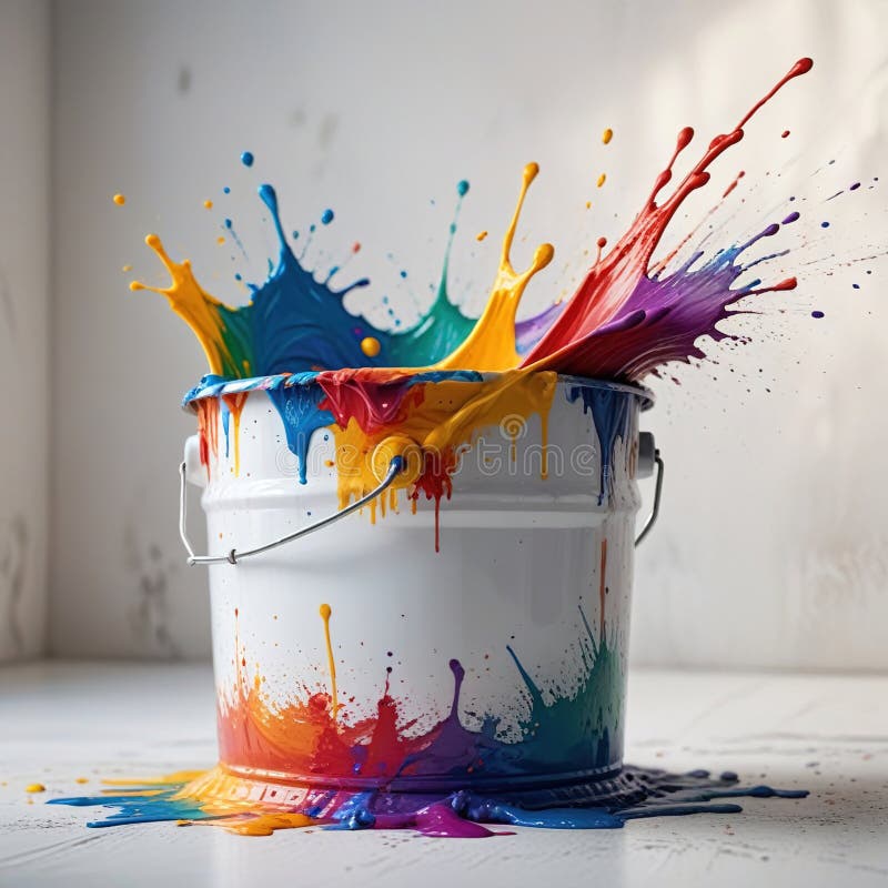 Wall Paint Bucket with Multicolor Paint Splash in Motion Stock ...