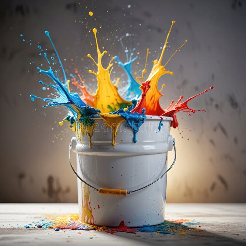 Wall Paint Bucket with Multicolor Paint Splash in Motion Stock ...