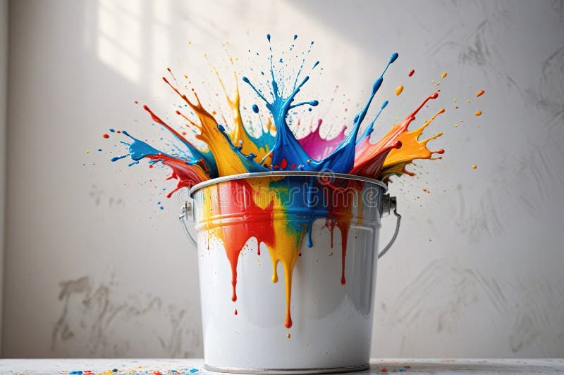 Wall Paint Bucket with Multicolor Paint Splash in Motion Stock ...