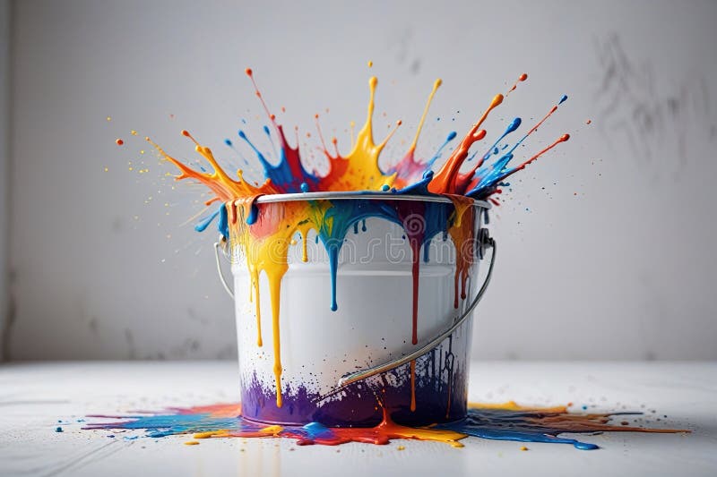 Wall Paint Bucket with Multicolor Paint Splash in Motion Stock ...