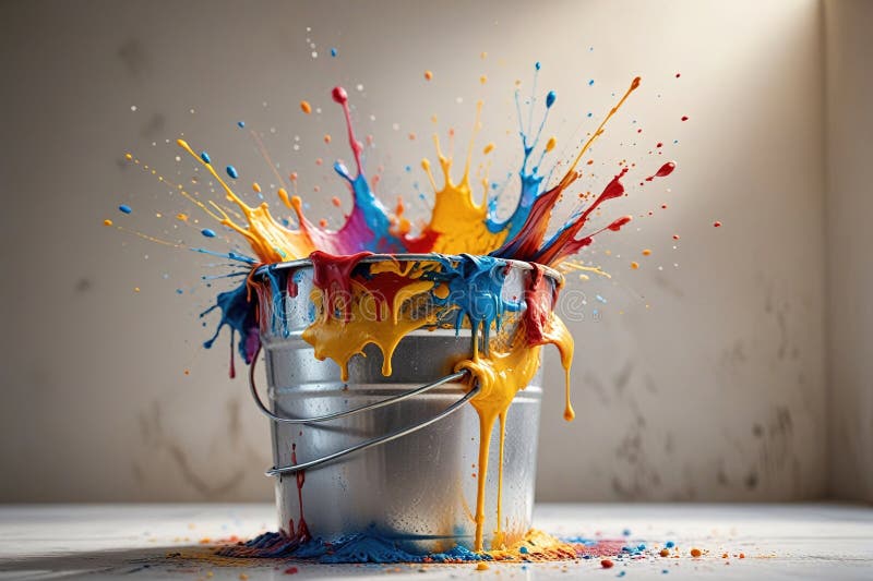 Wall Paint Bucket with Multicolor Paint Splash in Motion Stock ...