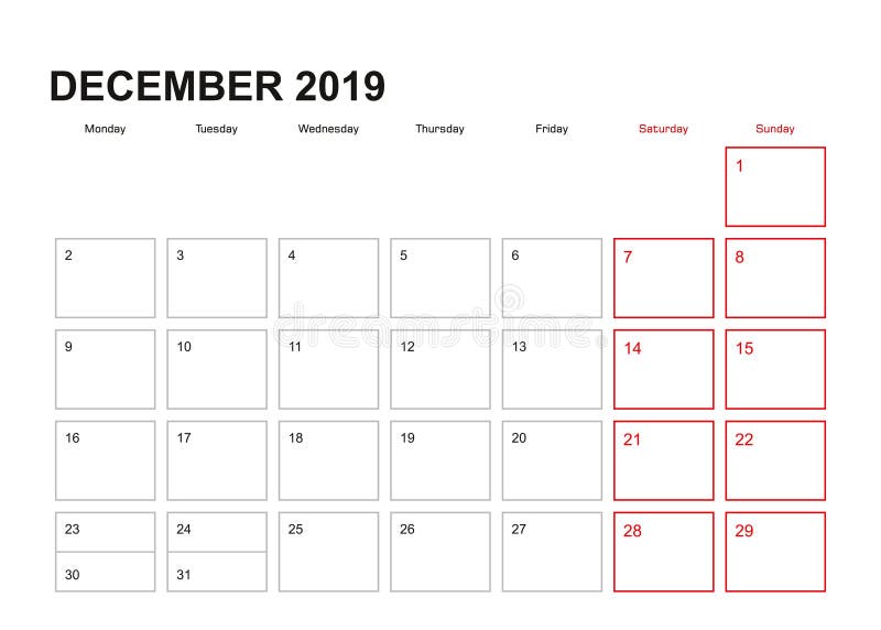 Wall Planner for December 2019 in English Language, Week Starts in ...